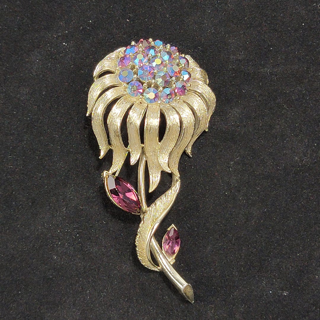 Vintage LISNER Brooch Aurora Borealis & Amethyst Rhinestone Gold-tone ...