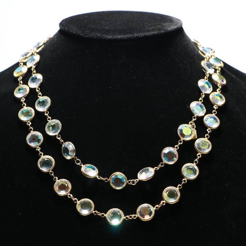 Vintage Swarovski Crystal Necklace AB Crystal Faceted Gold Open Bezel ...