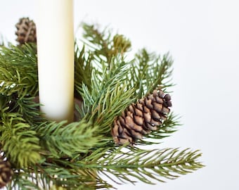 CHRISTMAS CANDLE RINGS Wispy Pine Red Pip Berries Taper Candle Rings or ...