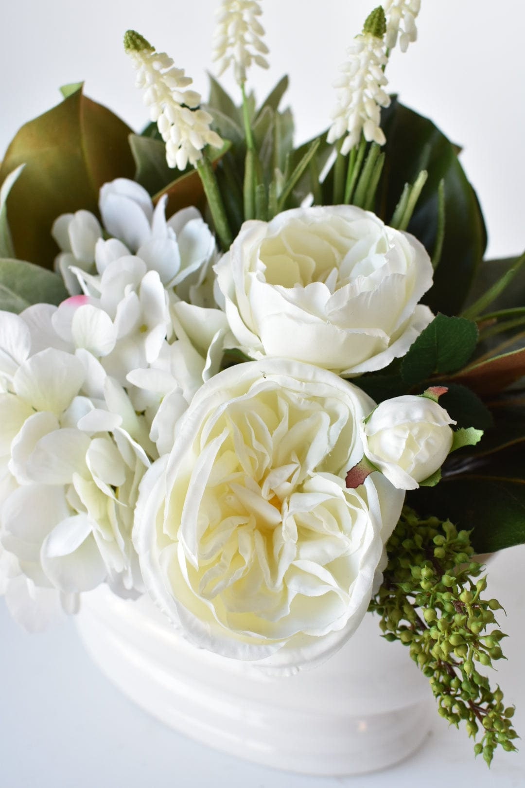 White Hydrangea Cabbage Rose Muscari Arrangement Faux Artificial Floral ...