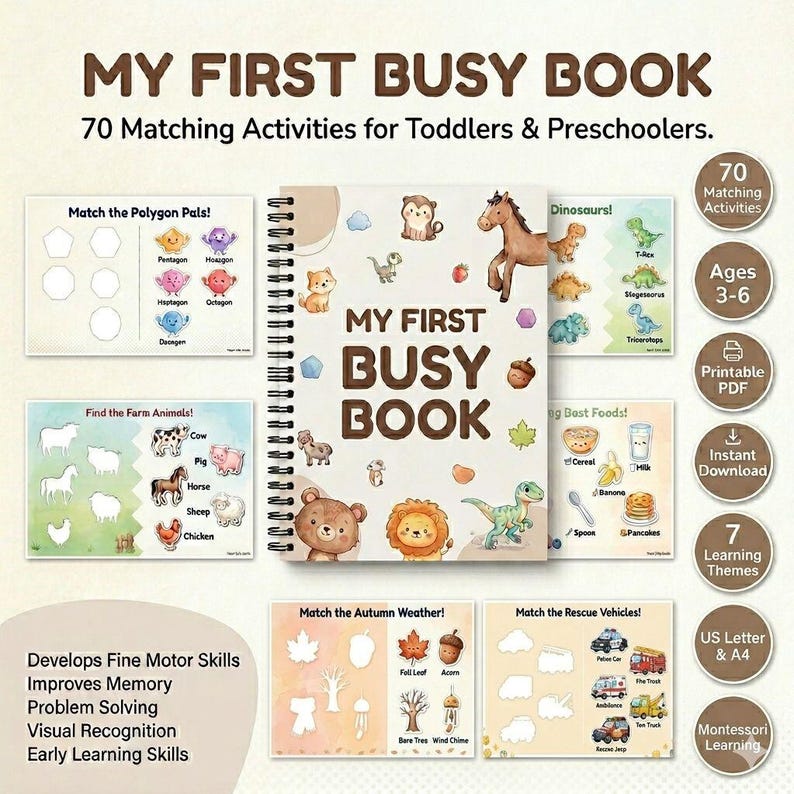 Preschool Busy Book Printable PDF, 70 Pages Matching Activities Bundle ...