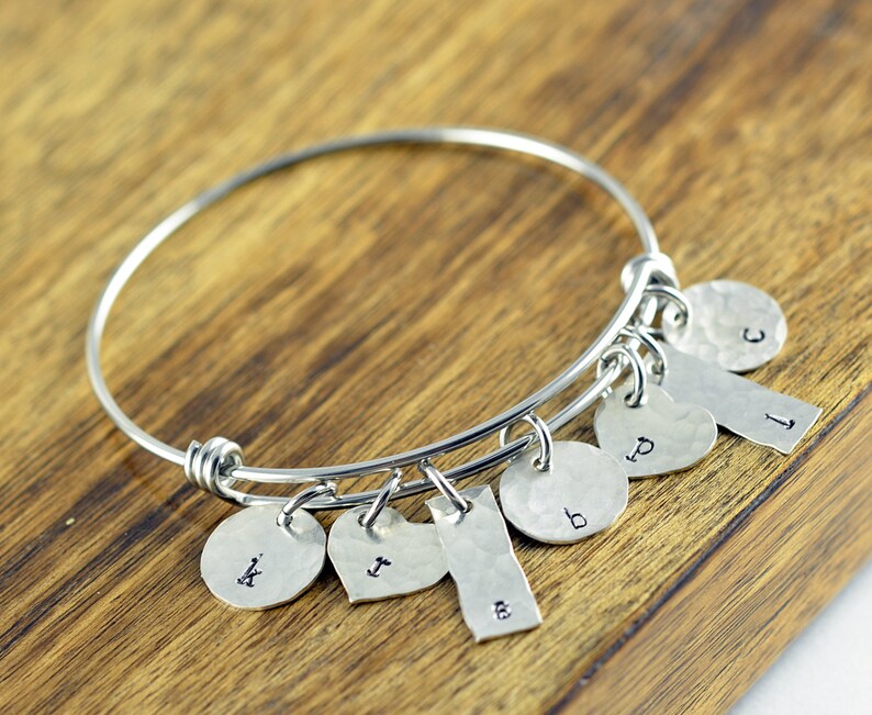 Personalized Initial Bracelet, Bangle Charm Bracelet, Sterling Silver ...