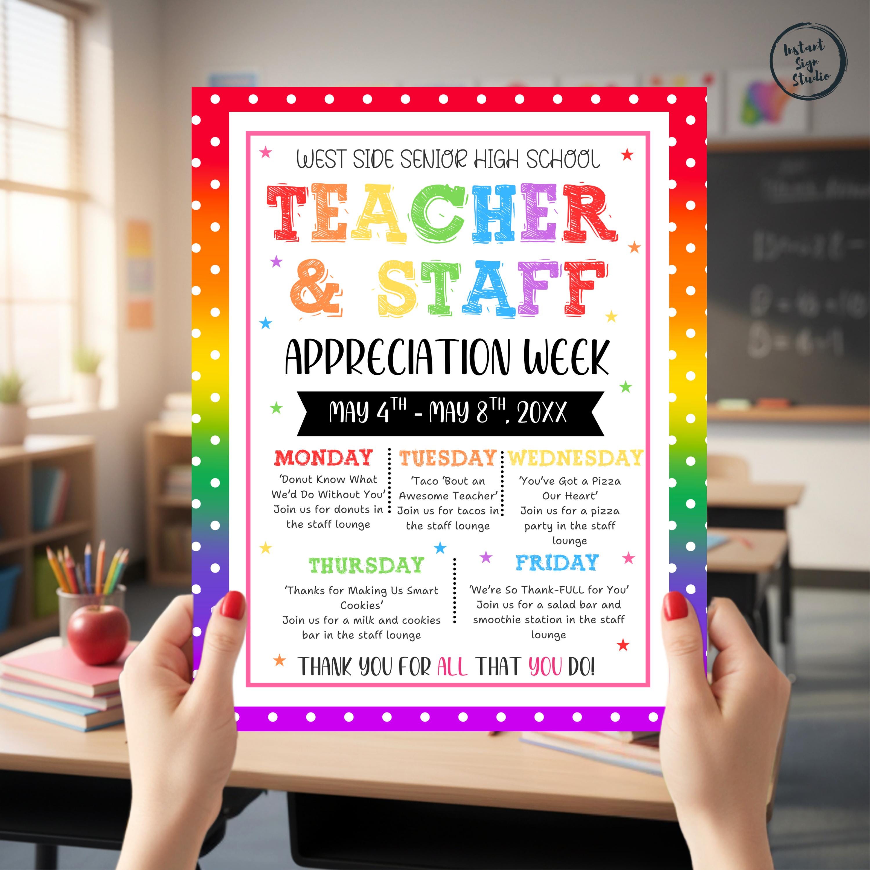 Teacher Appreciation Week Itinerary Flyer, Rainbow Staff and Teachers ...