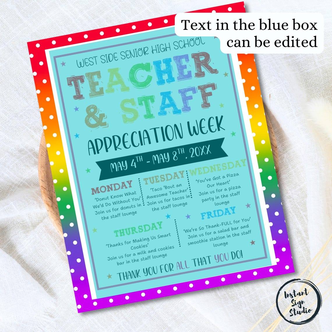 Teacher Appreciation Week Itinerary Flyer, Rainbow Staff and Teachers ...