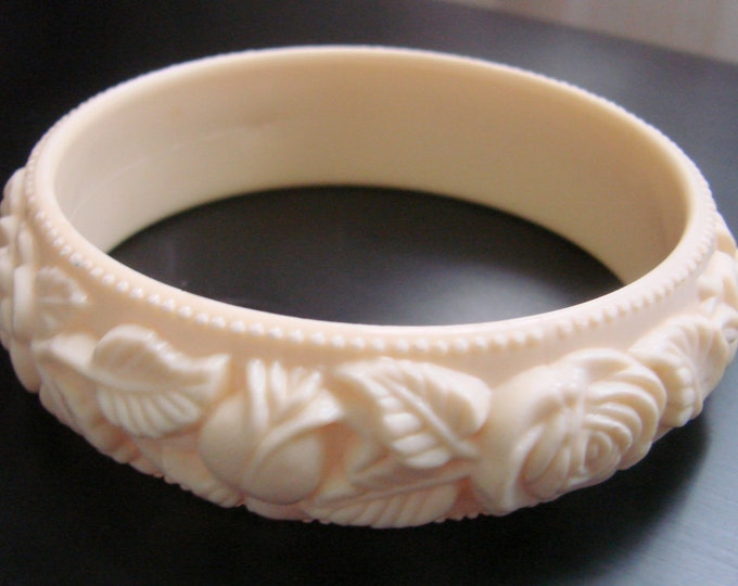 Vintage Ivory Celluloid Bangle Bracelet / Highly Textured Floral Motifs ...
