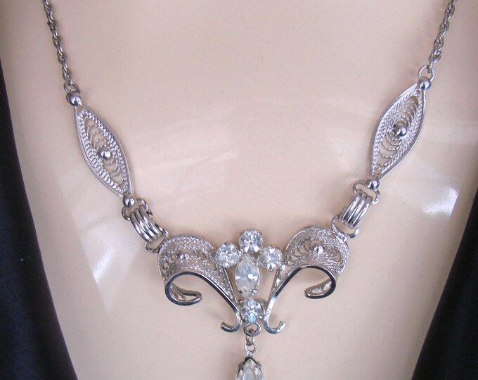 50s Sterling Filigree Espo Flex Rhinestone Necklace / Vintage Designer ...