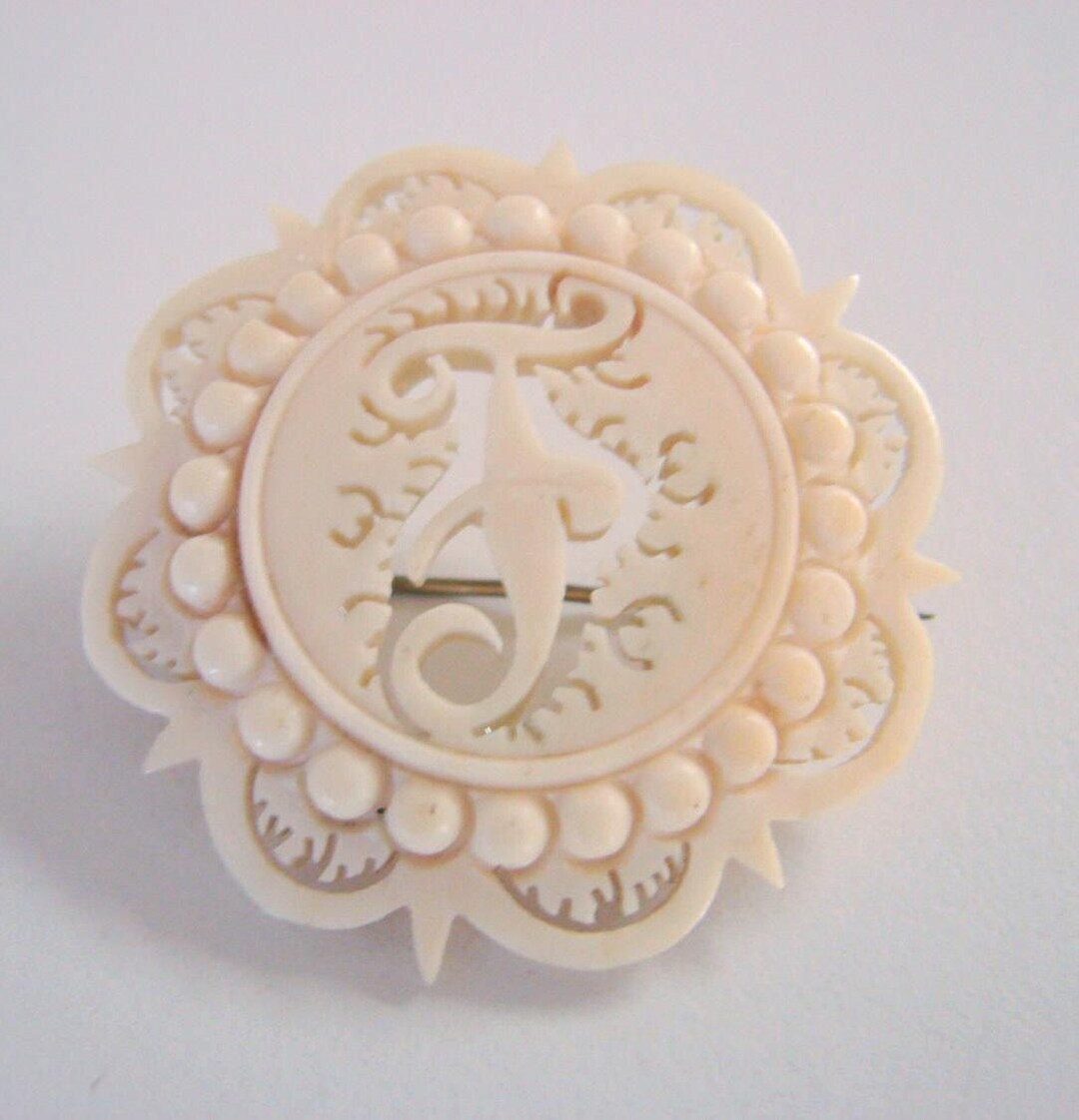 Antique Floral Hand Carved Lace Bone Brooch "f" Monogram Vintage ...