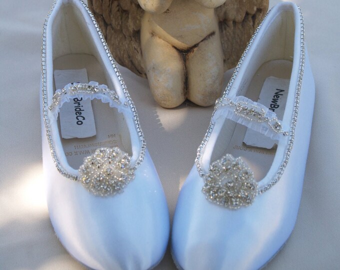 First Communion Satin Shoes Crystals Hearts With Crystals Edging,flower ...