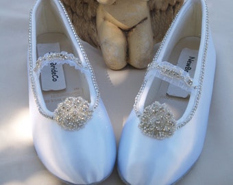First Communion Satin Shoes Crystals Hearts With Crystals Edging,flower ...
