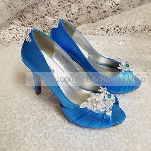 Brides Satin Blue Heels 3 1/2" With Comfy Platform,starfish Ocean Blue ...