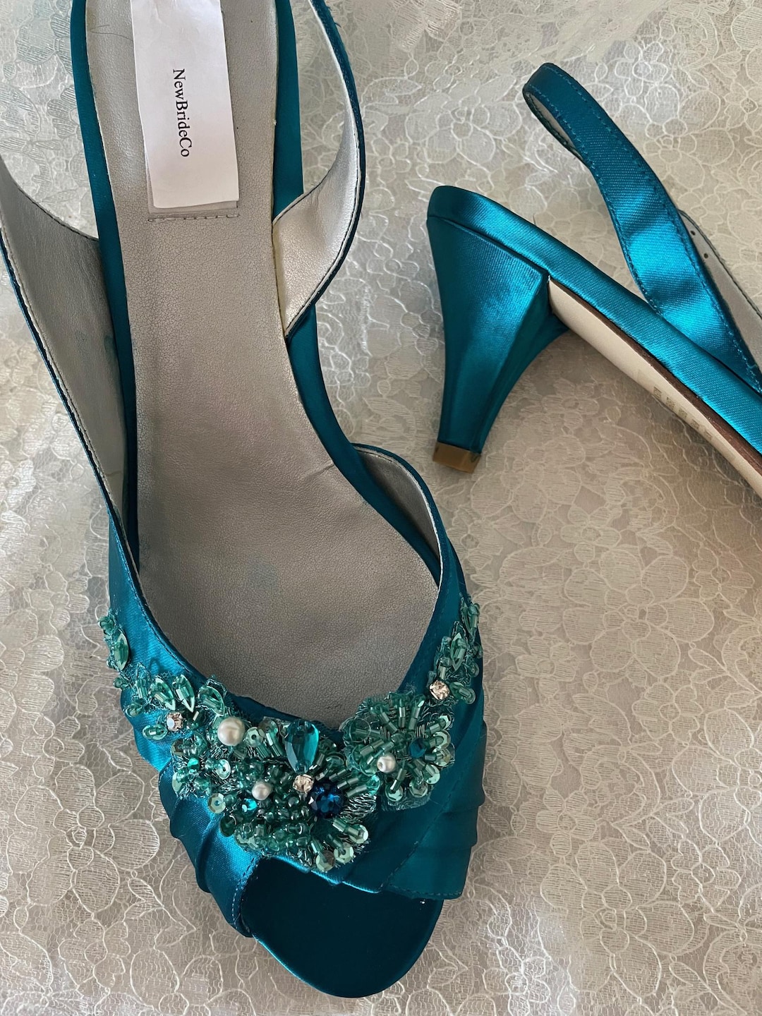 Size 12 Teal Slingback Heel: Flower Appliqué Bridal Shoe - Etsy