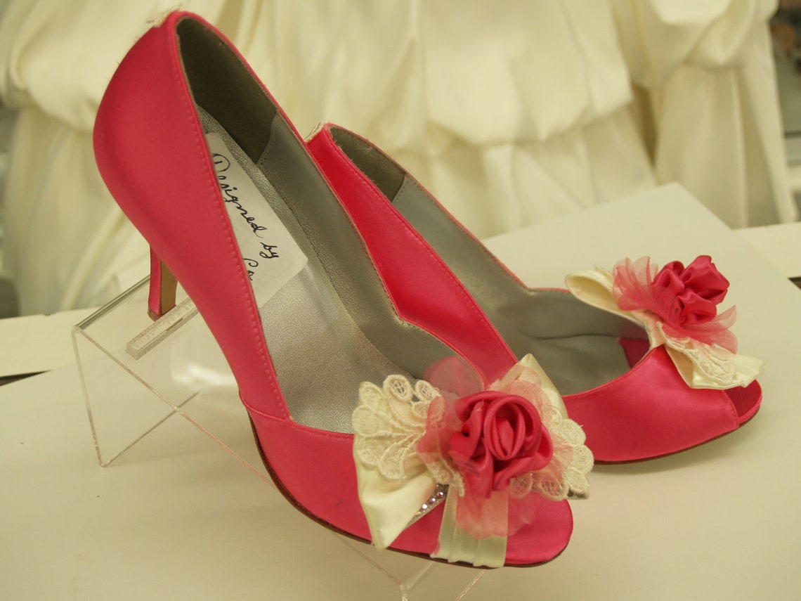 Size 8 1/2 Hot Pink Satin Pumps Ready to Ship,peep Toe Heels With Lace ...