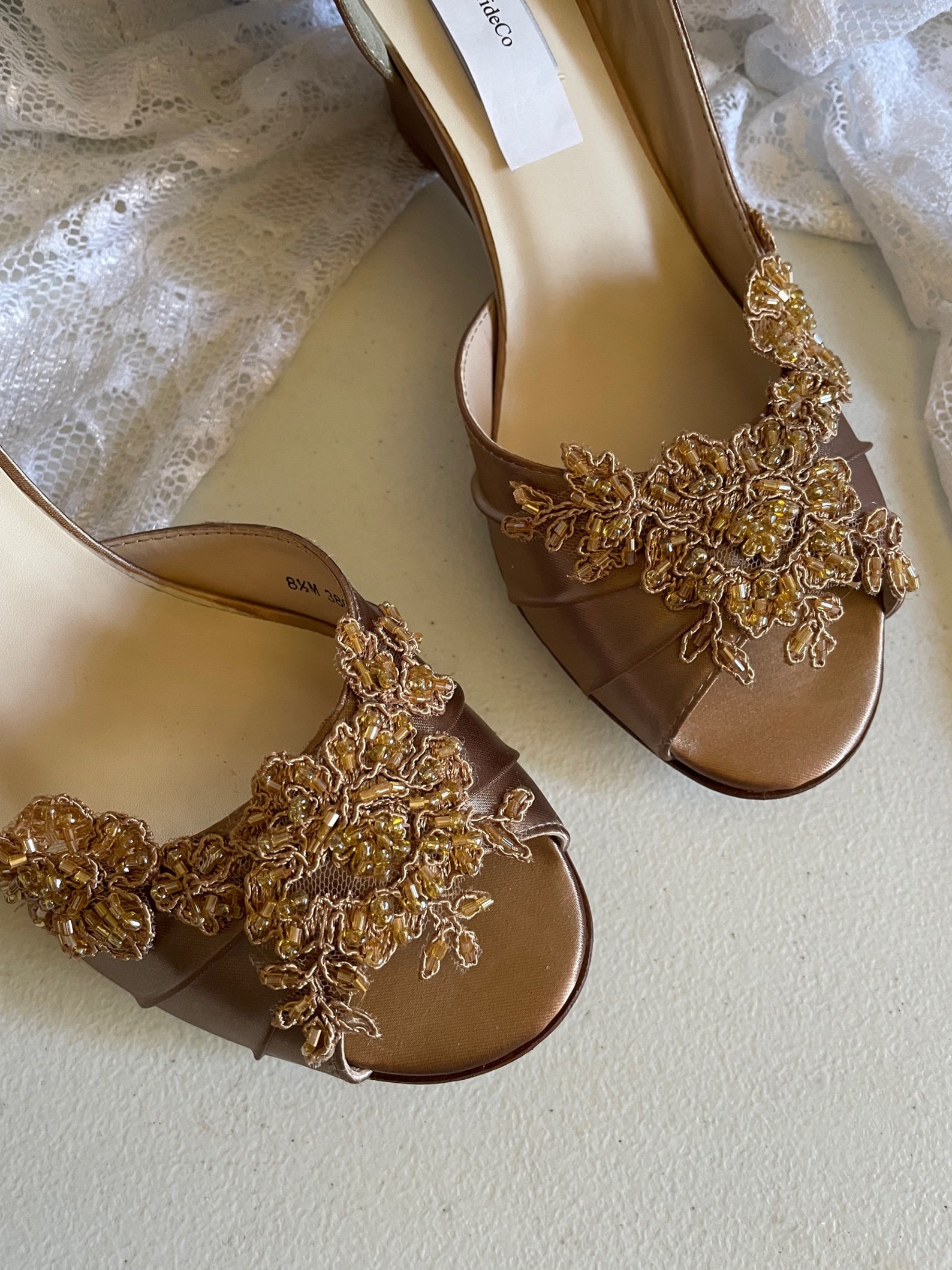 Wedge Shoes Taupe Beaded Applique Shoes, Peep Toe Taupe Satin Heels ...