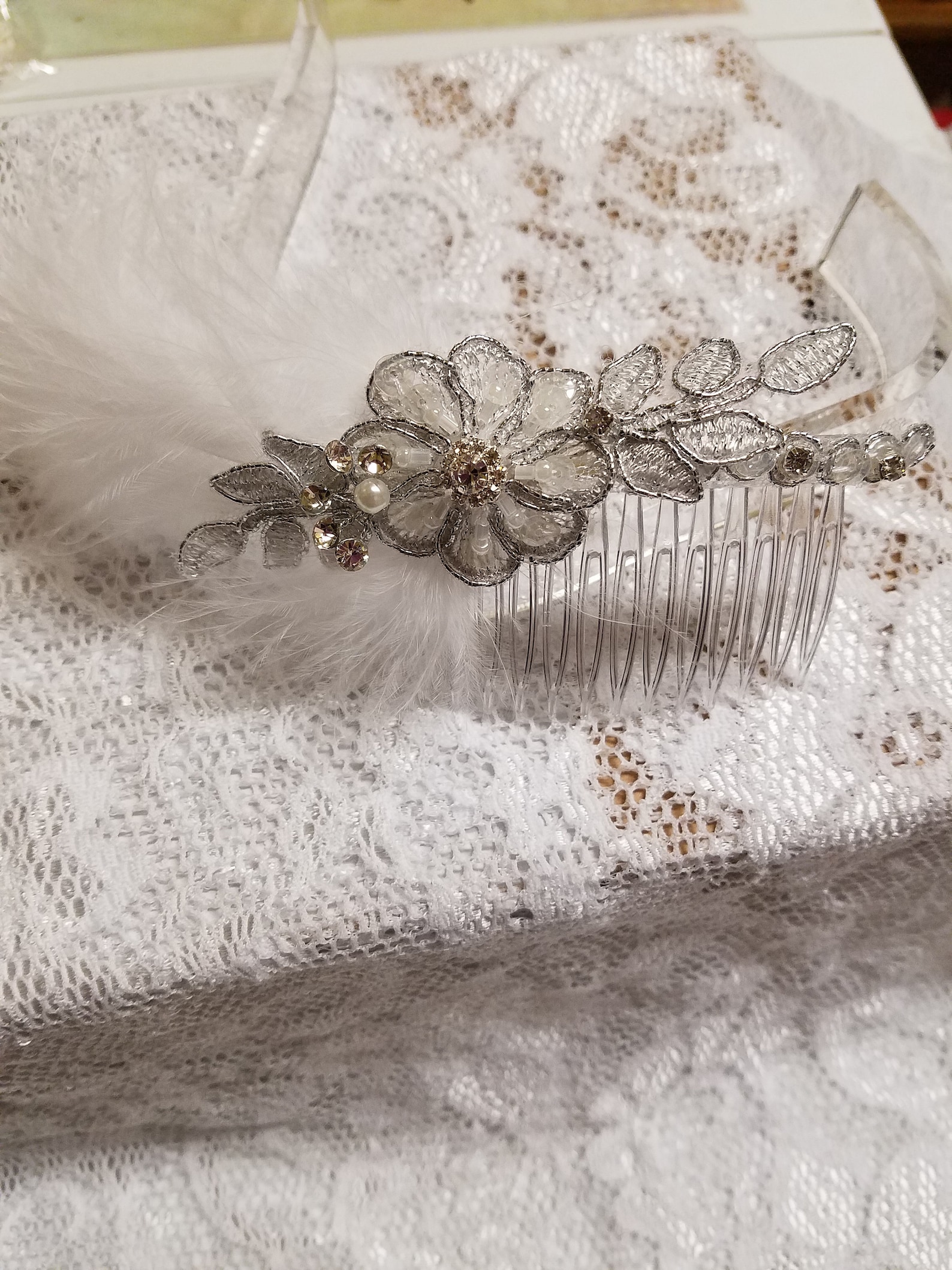 White feather comb with Silver trim and rhinestones prom hair | Etsy