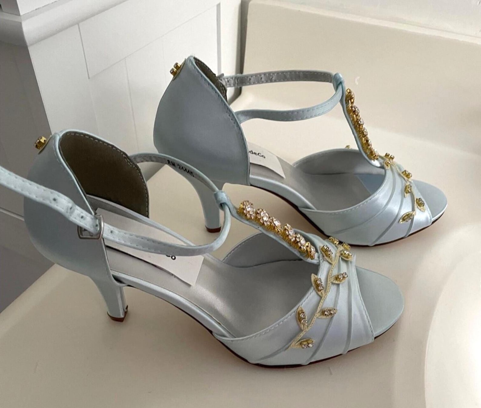 Powder Blue Heel Shoes Swarovski Crystals Gold Setting,mid High Heel ...