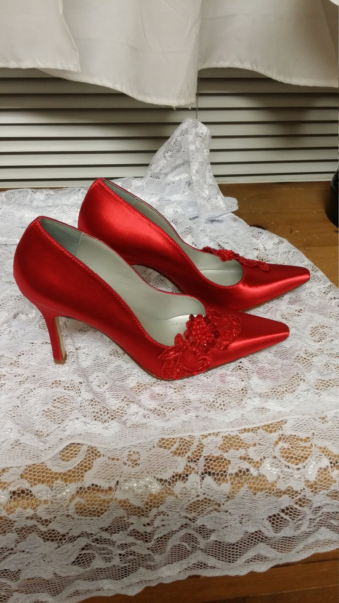Red Satin & Lace Wedding Shoes Sexy Heels 3 1/2 Closed | Etsy