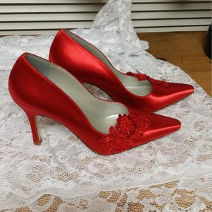 Red Satin & Lace Wedding Shoes Sexy Heels, 3 1/2" Closed Toe Heels ...
