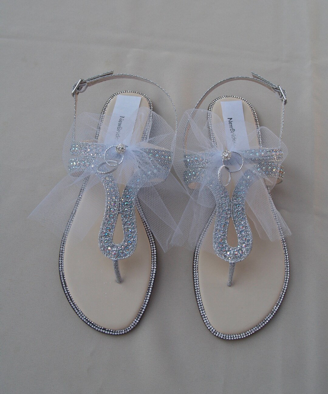 Brides Honeymoon Sandals Silver With Wedding Rings and Tulle Veil ...