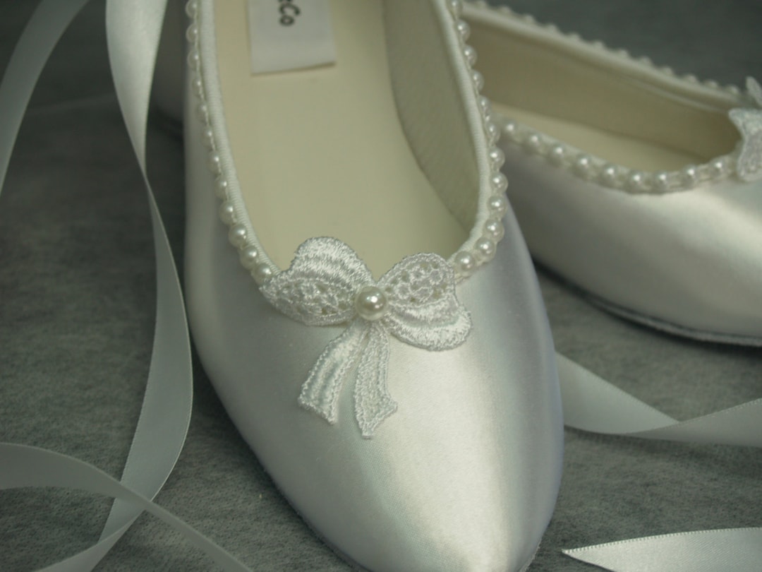 White Satin Ballet Style Slippers W Lace Bow & Pearls, White Minimalist ...