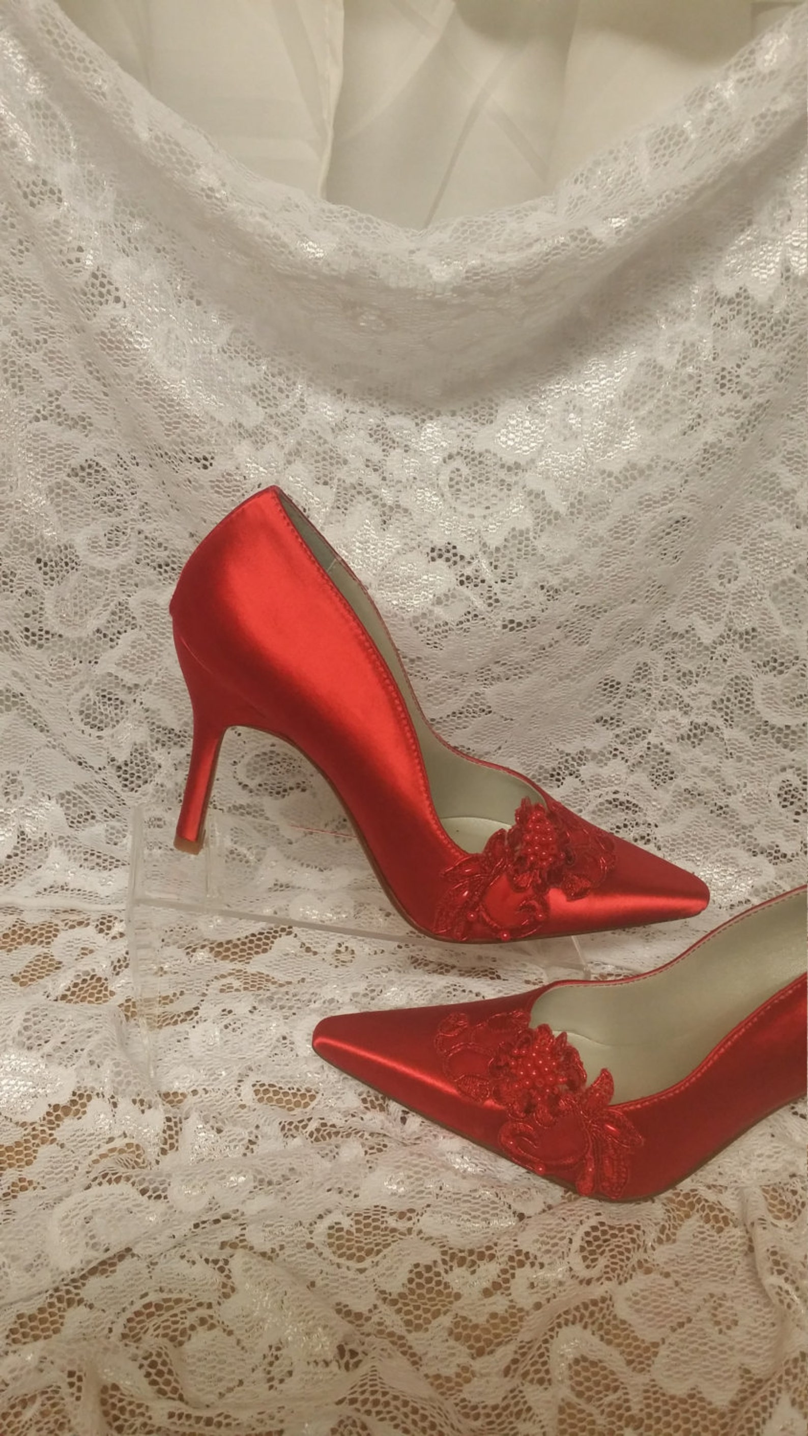 Red Satin & Lace Wedding Shoes Sexy Heels 3 1/2 Closed - Etsy