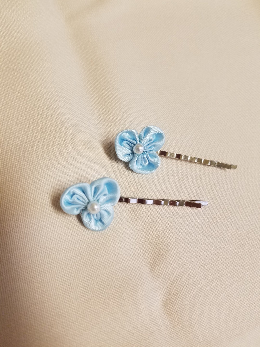2 Tiny Light Blue Flowers Hair Pins,satin Blue Flower Girls Hair Pins ...