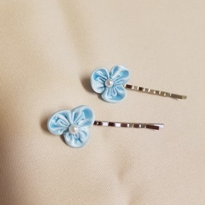 2 Tiny Light Blue Flowers Hair Pins,satin Blue Flower Girls Hair Pins ...