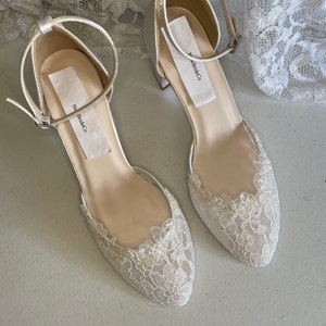 Off-white or Ivory Shoes Lace Front Mid Block Heel Beaded Lace Trim ...