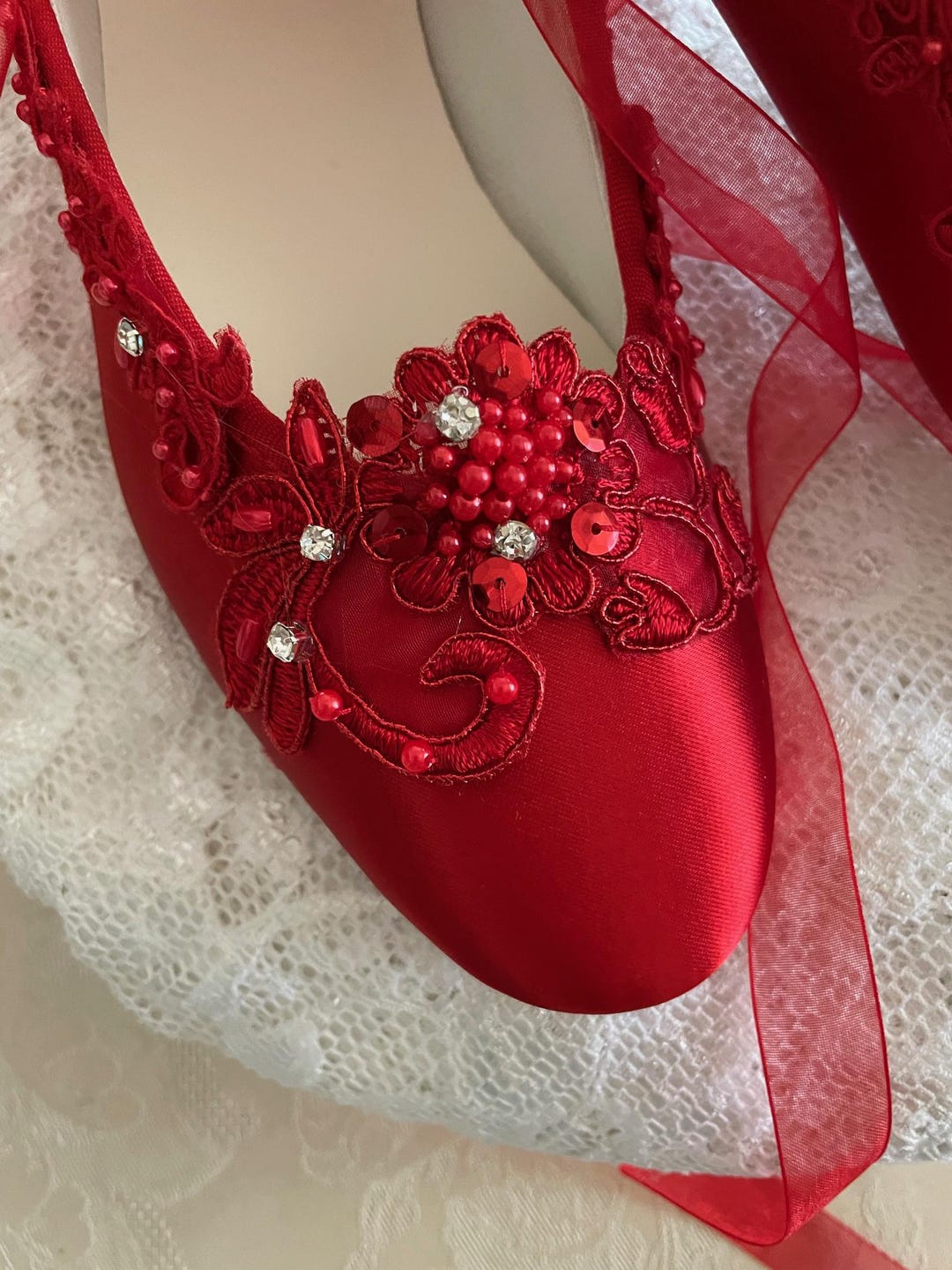 Redballerina Shoes,red Slipper Style Shoes Red Lace Crystals,victorian ...