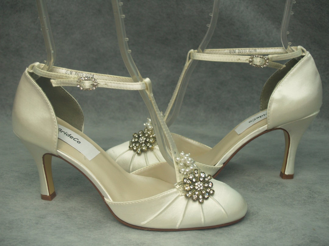 IVORY Wedding Shoes Mid Heels Vintage Style, Round Toe,ankle Strap ...