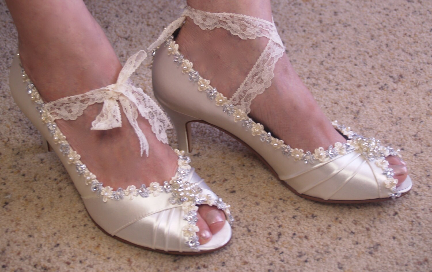 Size 10 Ivory Wedding Shoes With Pearls,peep Toes Heel Ivory Satin ...