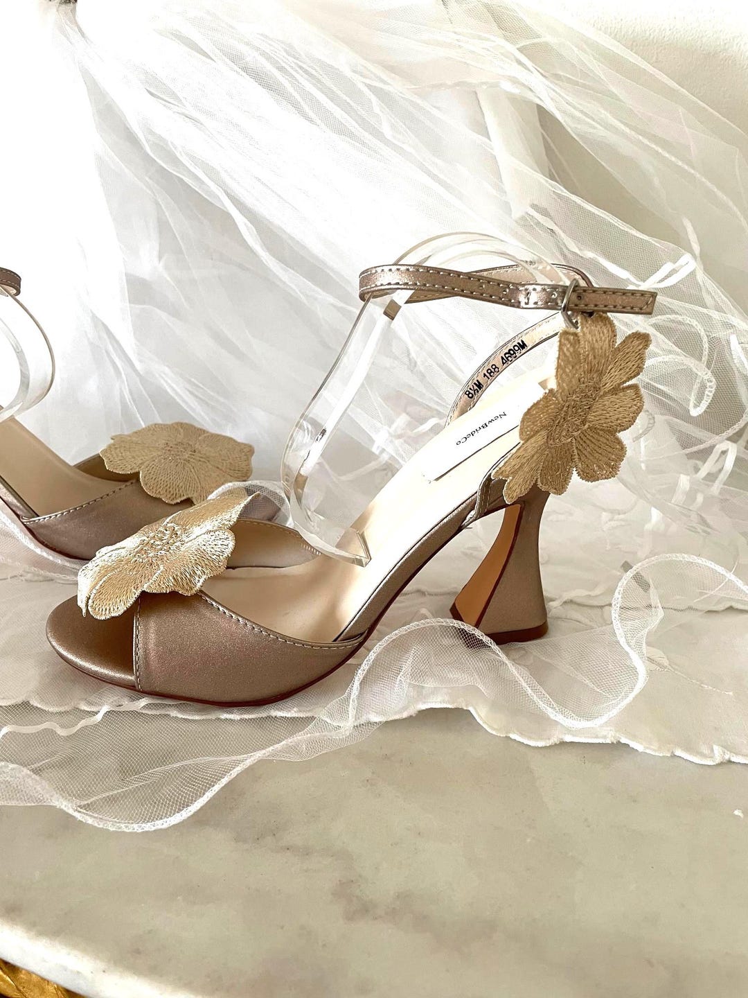 Champagne Sculptured Heels: Gold Flower Wedding Shoes (3 1/2") - Etsy