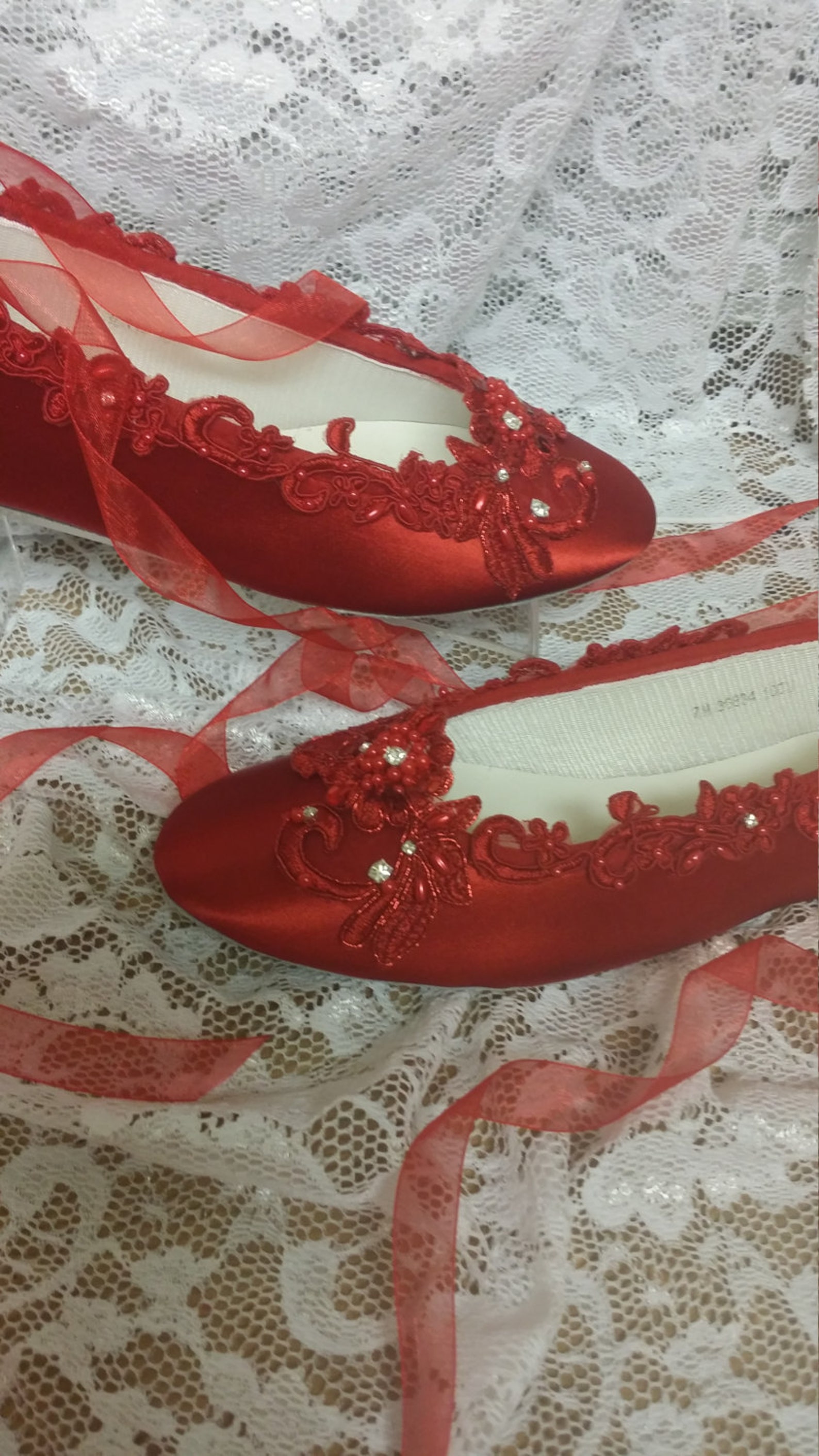 Red Satin Flats Embellished W Red Lace and Crystalsred | Etsy