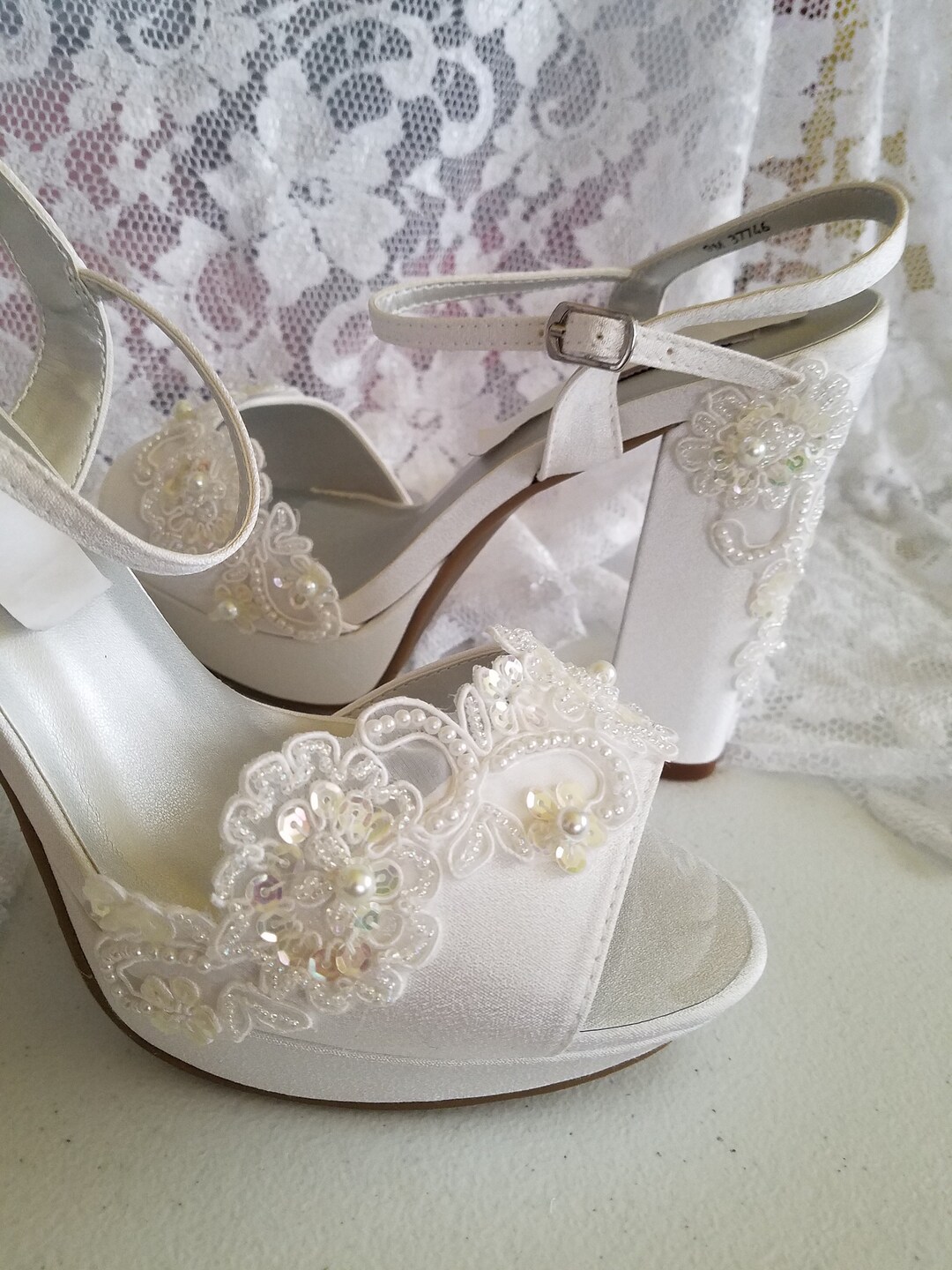 Diamond White High Block Heels 4.25" Beaded Pearl Lace Richly Adorned ...