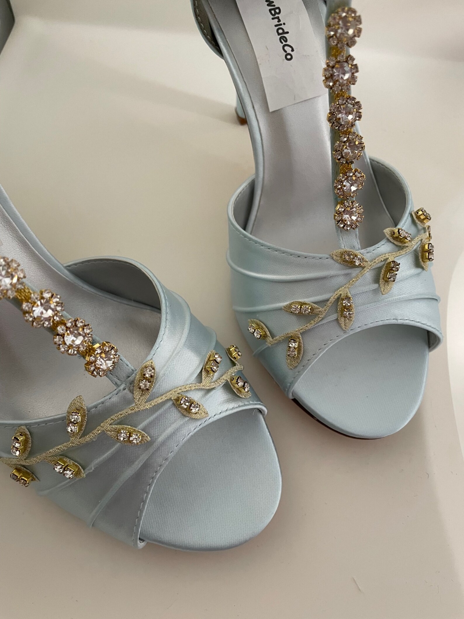 Powder Blue Heel Shoes Swarovski Crystals Gold Setting,mid High Heel ...