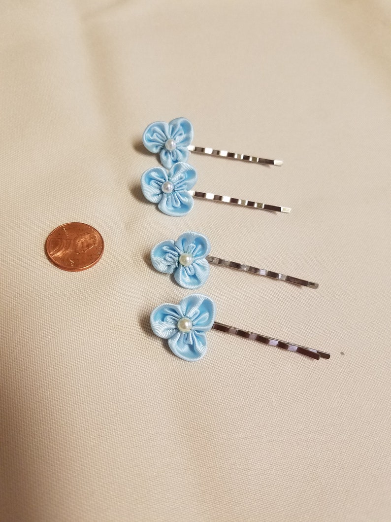 2 Tiny Light Blue Flowers Hair Pins,satin Blue Flower Girls Hair Pins ...
