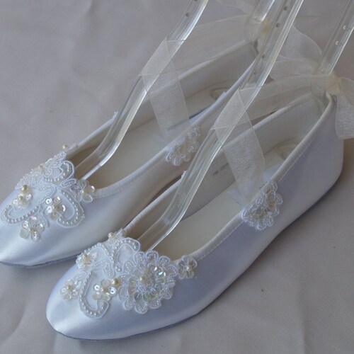 Brides White Wedding Flats Satin Ivory Shoes Lace Applique - Etsy