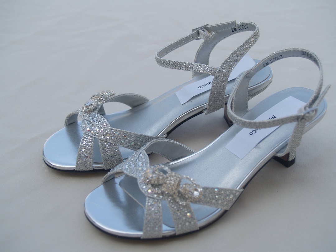 Girls Silver Shimmer Shoes Sizes 2 and 3.5 Crystals Bow,flower Girl ...