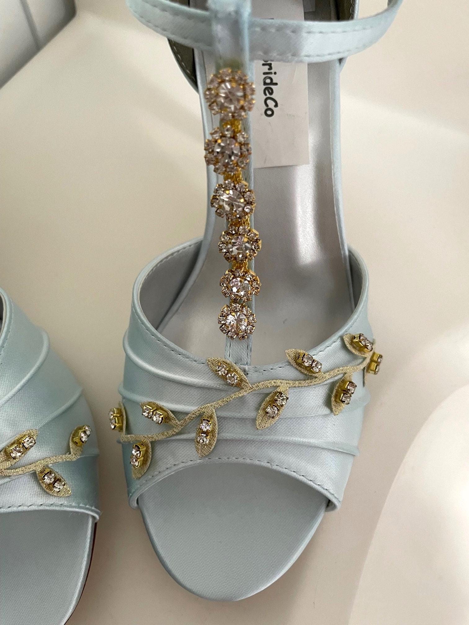 Powder Blue Heel Shoes Swarovski Crystals Gold Setting,mid High Heel ...