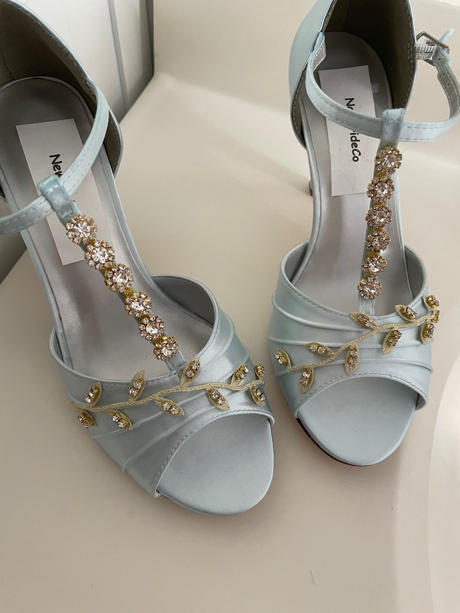 Powder Blue Heel Shoes Swarovski Crystals Gold Setting,mid High Heel ...