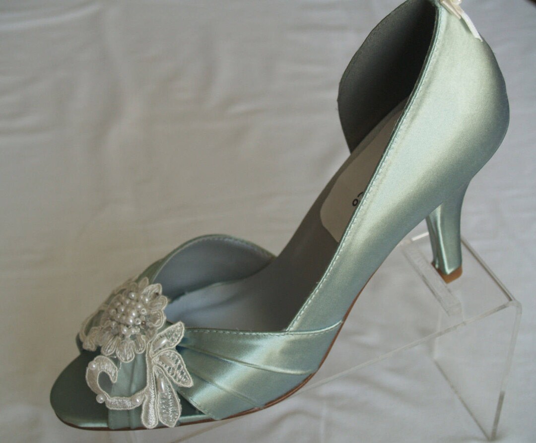 Brides Sage Wedding Shoes With Beautiful Ivory or White Appliqué, Peep ...