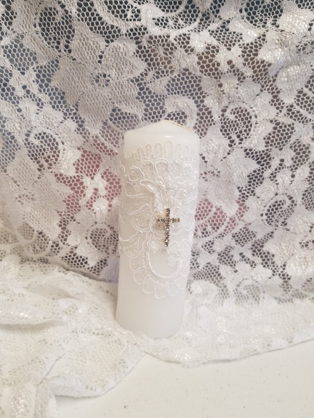 Baptism, First Communion Candle BC2 White Pillar Candle With Lace and ...