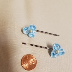 2 Tiny Light Blue Flowers Hair Pins,satin Blue Flower Girls Hair Pins ...