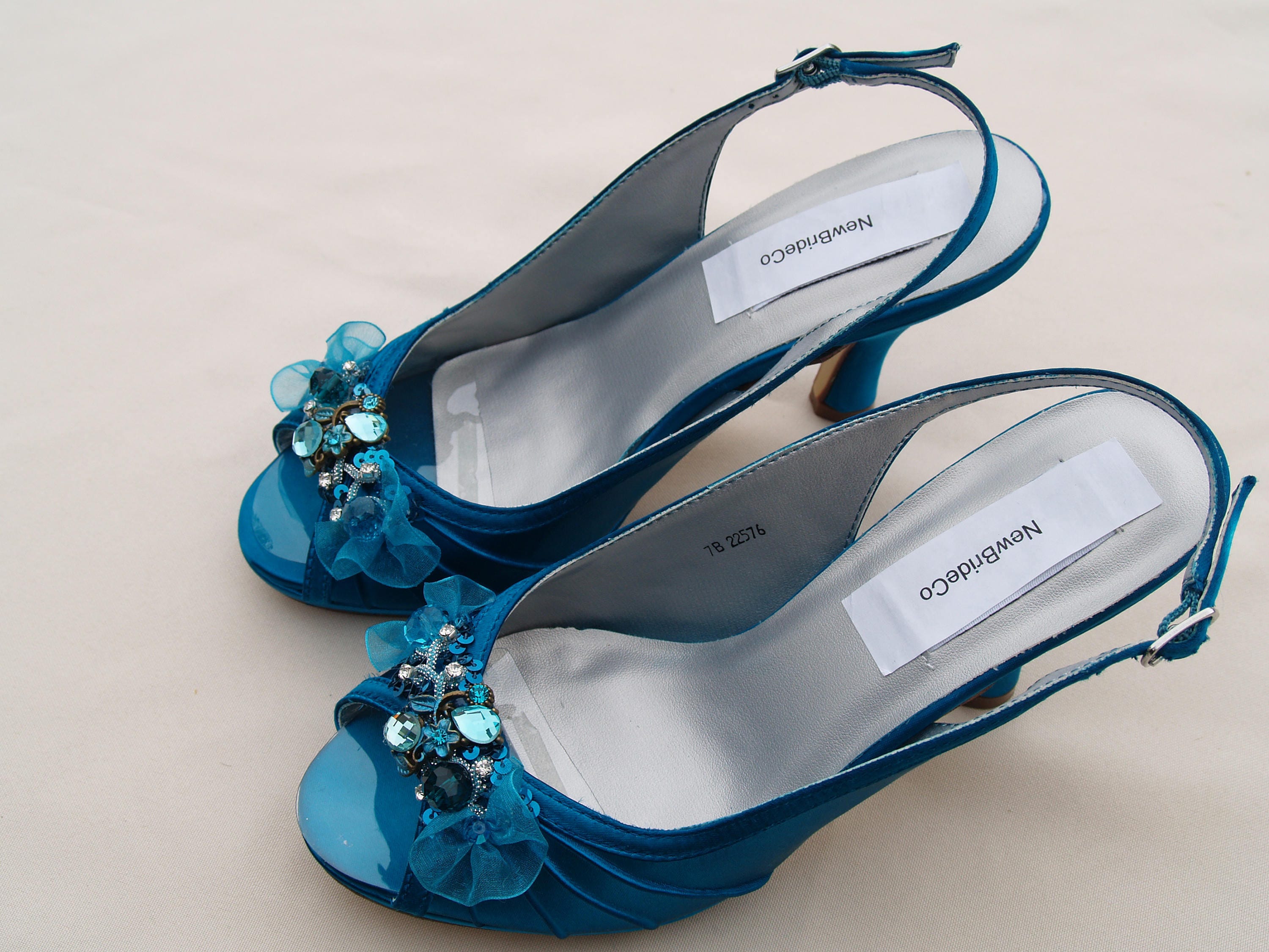 Size 7 Teal Shoes Wedding Peacock Comfortable Satin Heels Etsy