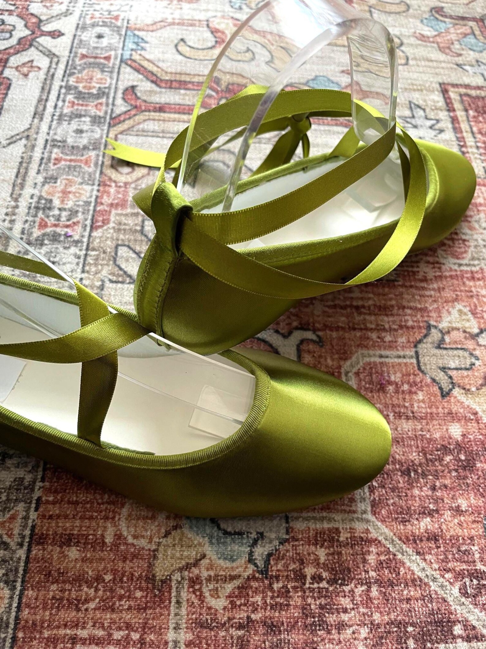 Size 7 Olive Green Satin Ballerina Flats: Lace-up Ankle Tie Bridal ...