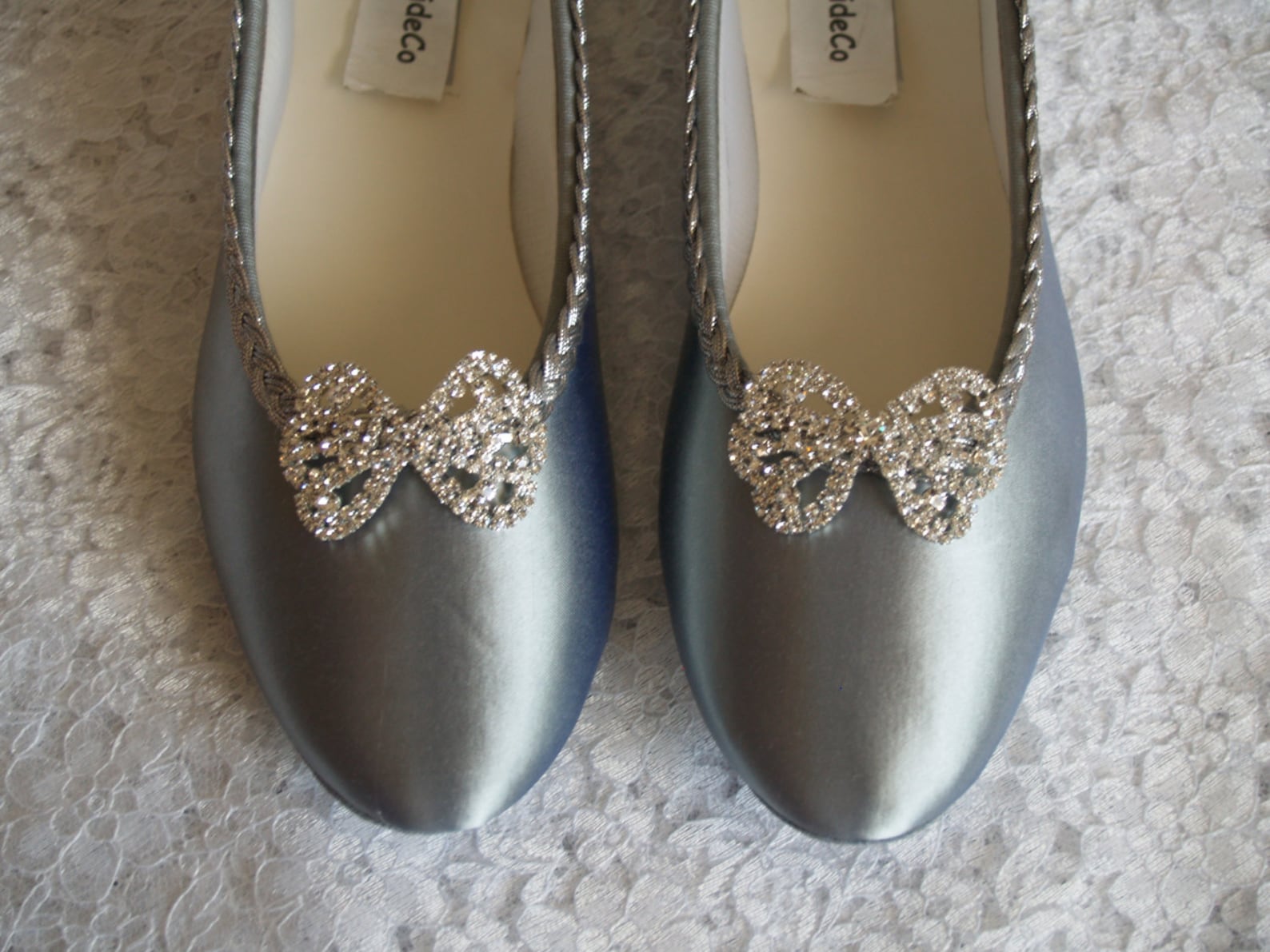 Silver Wedding Flats With Crystal Bow Brooch Sliver Satin | Etsy