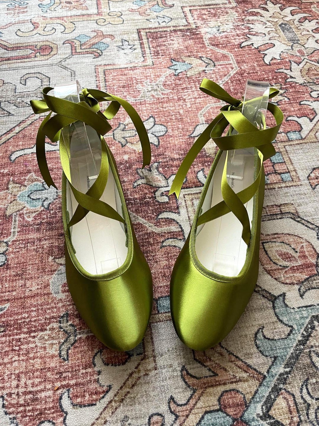 Size 7 Olive Green Satin Ballerina Flats: Lace-up Ankle Tie Bridal ...