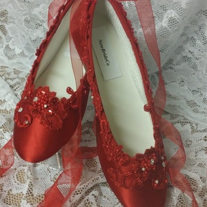 Red Satin Flats Embellished W Red Lace and Crystals,red Victorian Flat ...