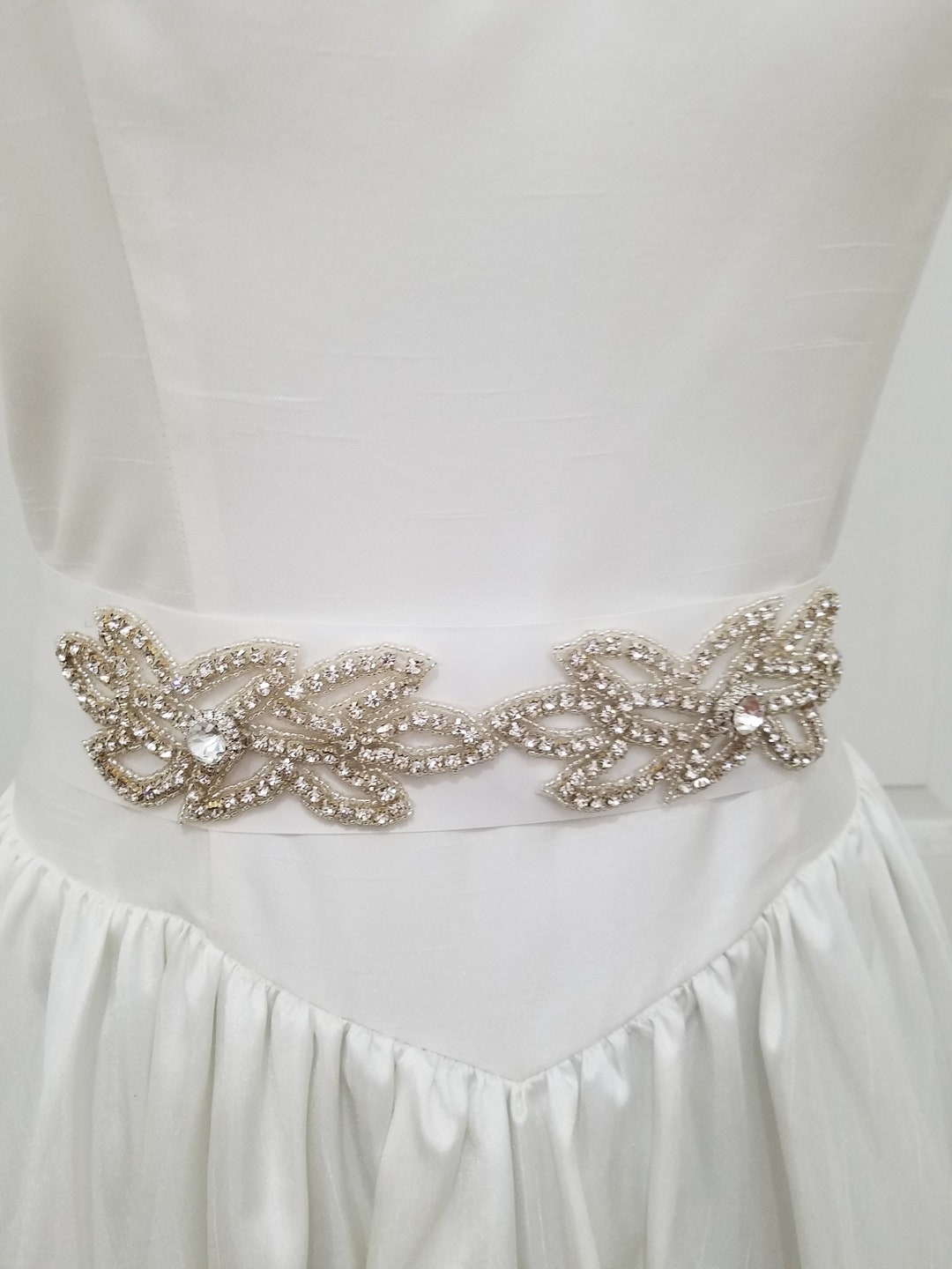 White Wedding Sash With Silver Crystals Trim, Wedding Belt Sash ...