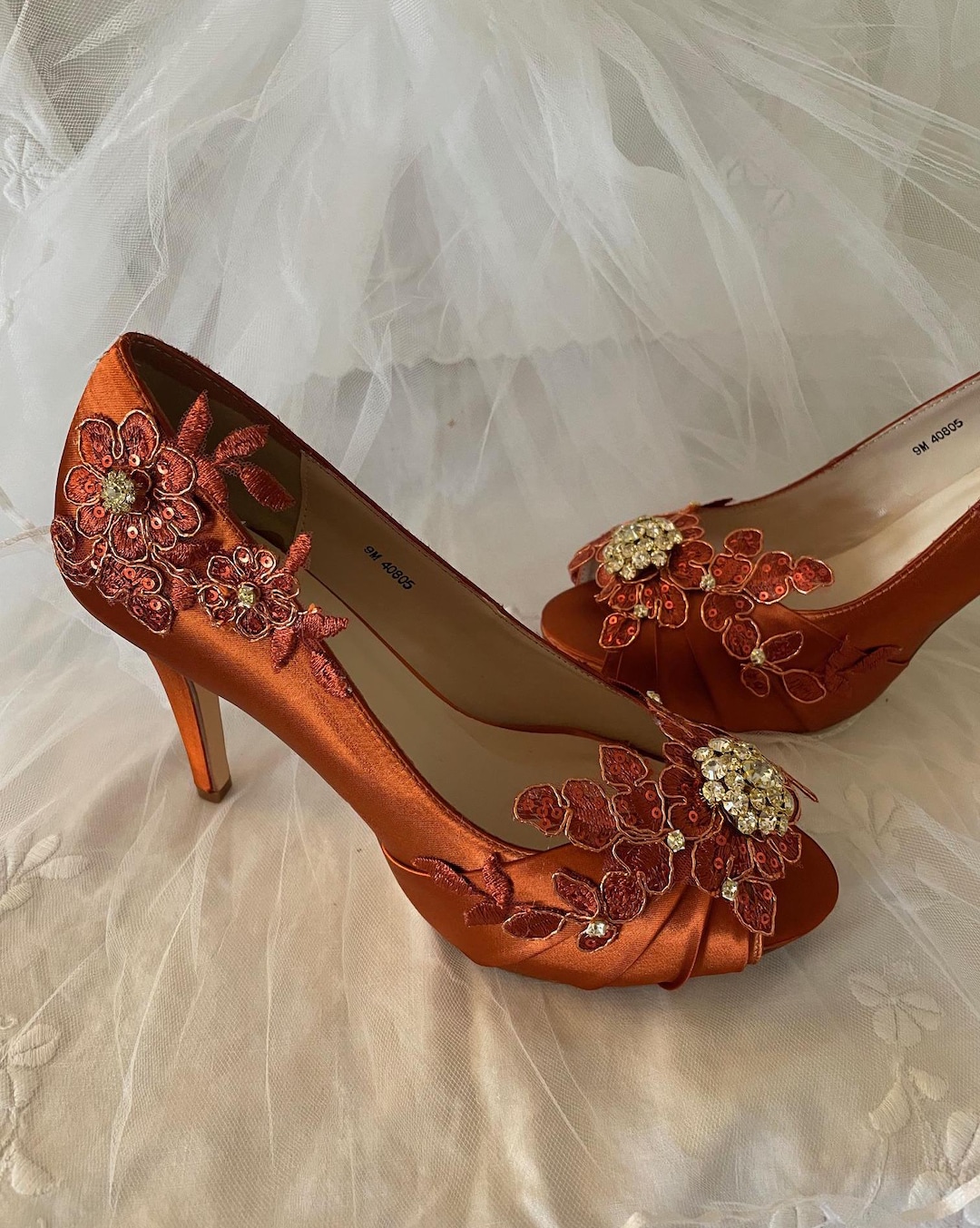 Copper Satin Shoes Peep Toes Heel 3 1/2", Unique Design Copper High ...