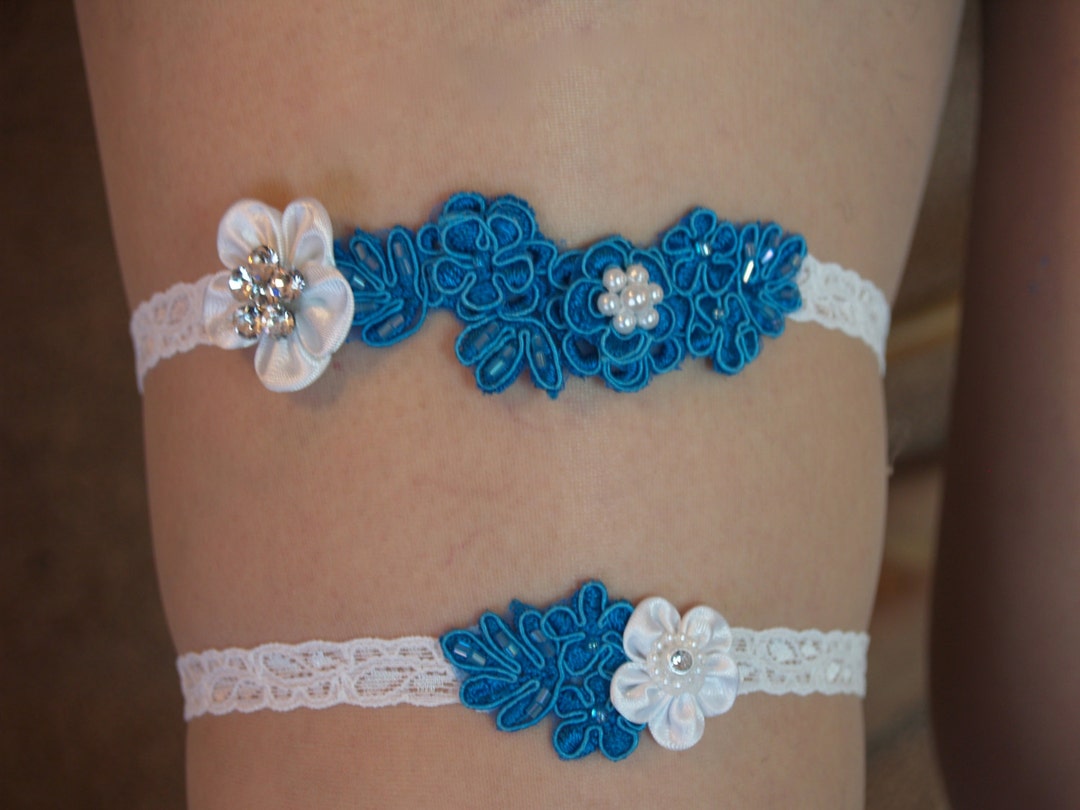 Wedding Garter Turquoise White Set Handmade, or Ivory Turquoise Garters ...
